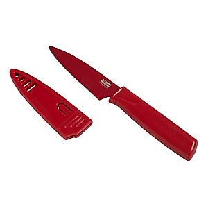 KUHN RIKON COLORI Non-Stick Straight Paring Knife with Safety Sheath, 4 inch/10.16 cm Blade, Red