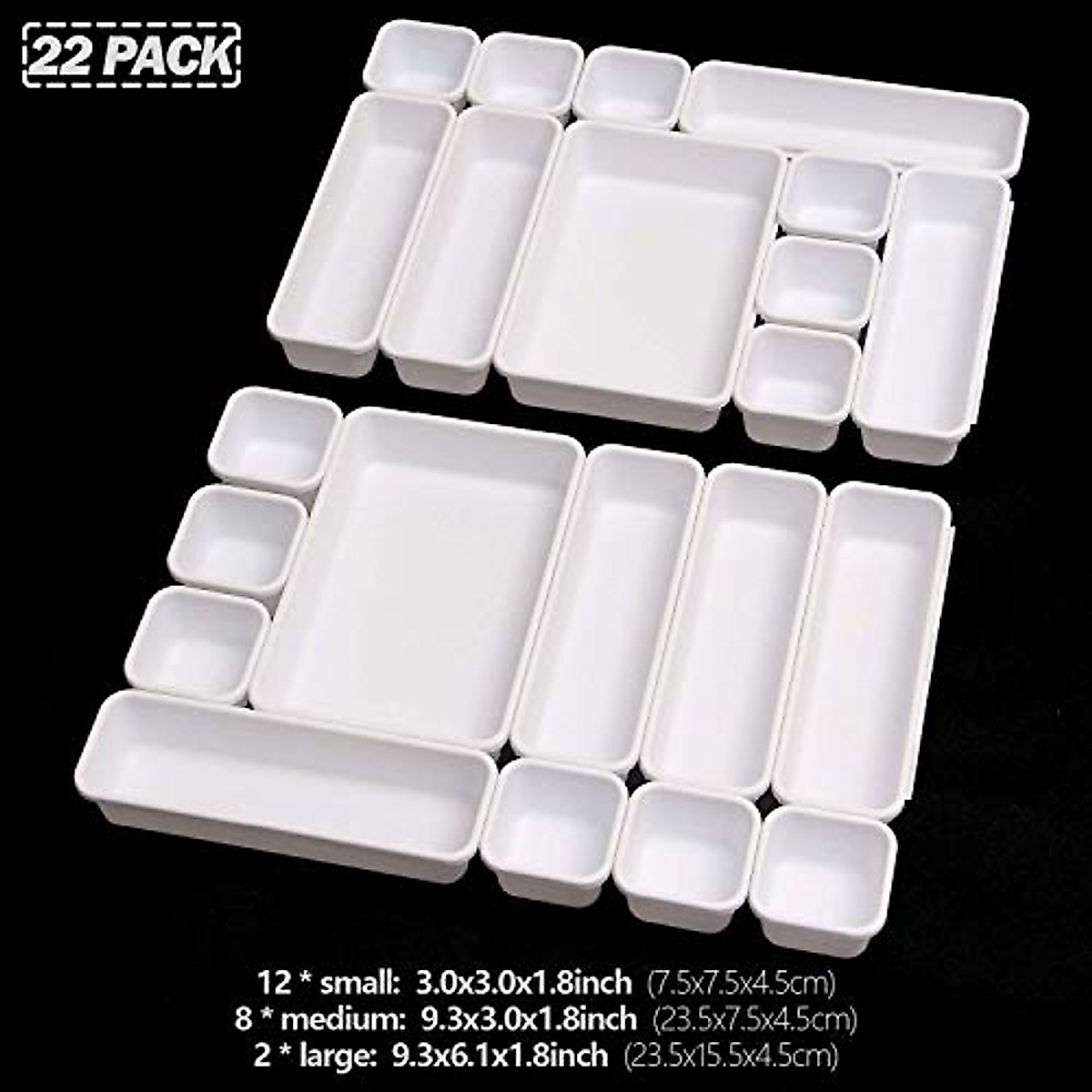 Set of 22 Interlocking Desk Drawer Organizer Tray Dividers Plastic Shallow Narrow Drawers Organizers Separators Storage Bins Container for Kitchen Bathroom Makeup Office Vanity Bedroom Dresser White
