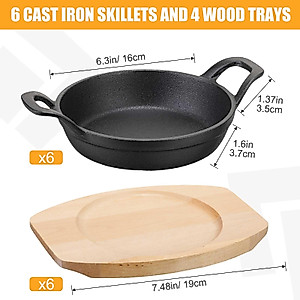 Nuogo 6 Sets Mini Cast Iron Skillet Mini Cast Iron Plates Skillet with Wooden Base Small Round Cast Iron Pan Fajita Cast Iron Plate Cast Iron Pot for Cooking Christmas Party(6.3 Inches)