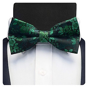 GUSLESON Green Floral Bow Tie Pre-tied Silk Bowtie and Pocket Square Cufflink Set(0582-10)