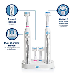 Triple Bristle Duo - 2 Electric Toothbrushes with Dual Charging Station, Patented 3 Head Design, 31,000 VPM, Rechargeable Toothbrush Set for Families & Couples, 3-Sided Sonic Brush