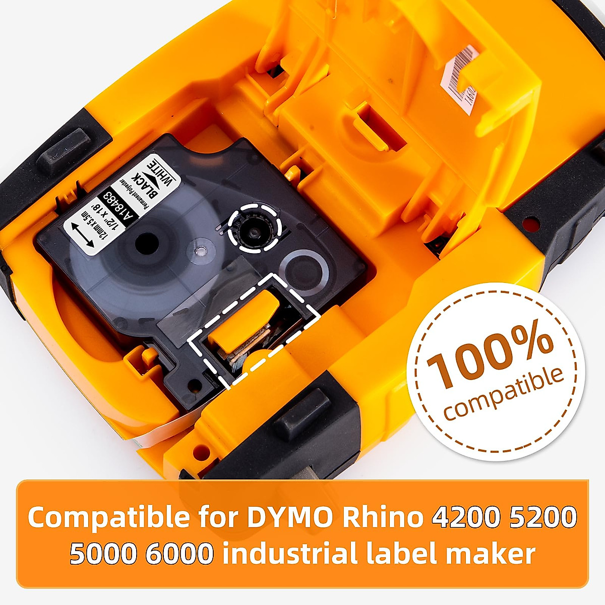 Compatible Label Tape 1/2 Replace for Rhino 5200 label tape Dymo Rhino 4200 5200 18483 Permanent Polyester Label Tape 1/2 for Rhino 5200, 4200, 5000, 6000, 6500, 12mm Black on White 1/2" x 18', 4 Pack