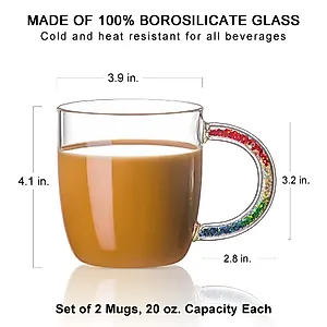 Aquach Large Glass Mugs Set of 2, Each 20oz Capacity with Handle Clear Glass Coffee, Tea, Beverage Cups