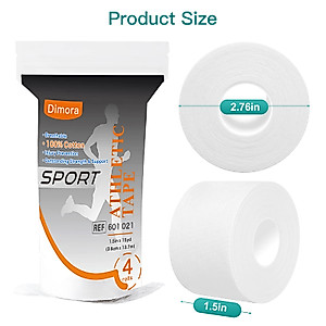 Dimora White Athletic Tape 4-Pack - 60 Yards Strong Adhesive Sports Tape in Total, NO Sticky Residue Easy Tear, Best Sport Tape for Athletes & Fitness Enthusiasts of All Levels (1.5in X 45ft Roll)