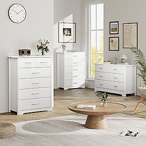 HOSATCK 6 Drawer Dresser, Modern White Wide Chest of Drawers with Metal Handels, Wood Double Dresser, Storage Chest Organizers for Living Room, Hallway, Entryway, White