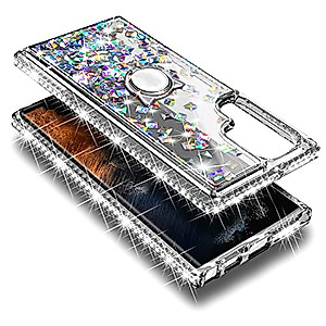 NGB Supremacy Compatible with Samsung Galaxy S23 Ultra Case (6.8 Inch) with Screen Protector (Maximum Coverage, Flexible TPU), Ring Holder/Wrist Strap, Liquid Floating Glitter Cute Case (Crystal Gem)