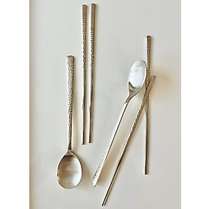 cozymomdeco Korean Made Silver Glossy Hammered Stainless Steel Korean Spoon & Chopstick SET (2SET)