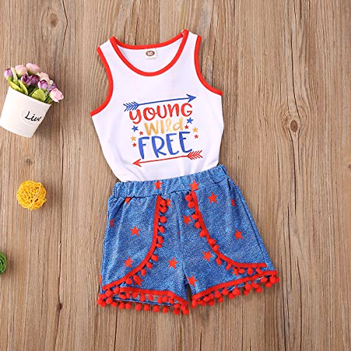 2pcs Baby Girl Holidat Summer Outfit Set,Young Wild Free Vest Tops+ Tassels Short Pants (White Blue, 2-3Y)