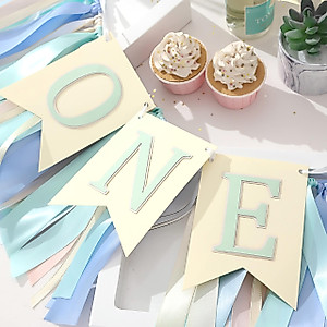 Blue and Green 1st Birthday Banner - Highchair Banner 1st Birthday Boy , Greenery Party Decorations , First Birthday Decorations for Kids , Baby Birthday Party Photo Props(Blue and Green Banner)