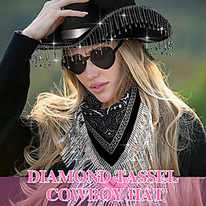 Leumoi 3 Pcs Rhinestone Cowgirl Hat with Fringe Rhinestone Bandana and Heart Sunglasses Bling Diamond Fringe Cowboy Hat (Black)