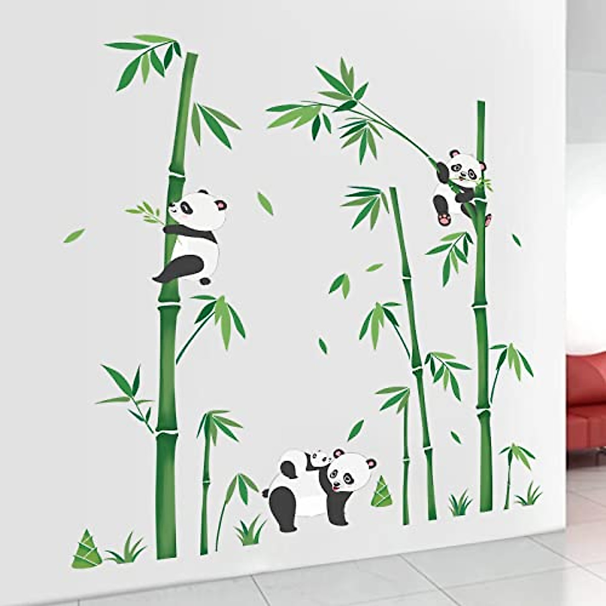 wondever Panda and Bear Wall Stickers Bamboo Green Plants Peel and Stick Wall Art Decals for Baby Nursery Kids Bedroom (H: 46 inches)