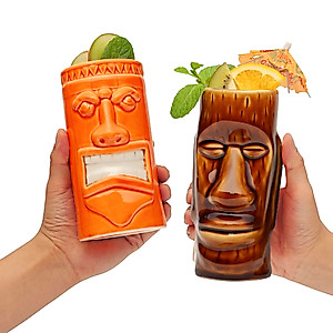 LEMONSODA Hard-Carved and Hand-Painted Tiki Mugs Assorted Cocktail Set of 8 - Ceramic Hawaiian Luau Party Mugs Drinkware, Cute Exotic Cocktail Glasses, Tiki Bar Hawaiian Party Barware - 18-23.5oz