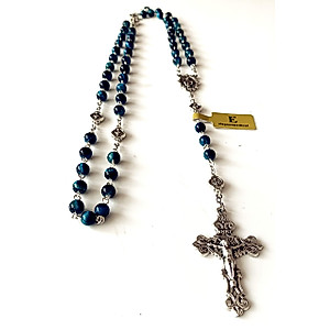 elegantmedical Handmade Blue Tiger Eye Beads Our Lady of Grace Rosary Cross Necklace Catholic Gifts