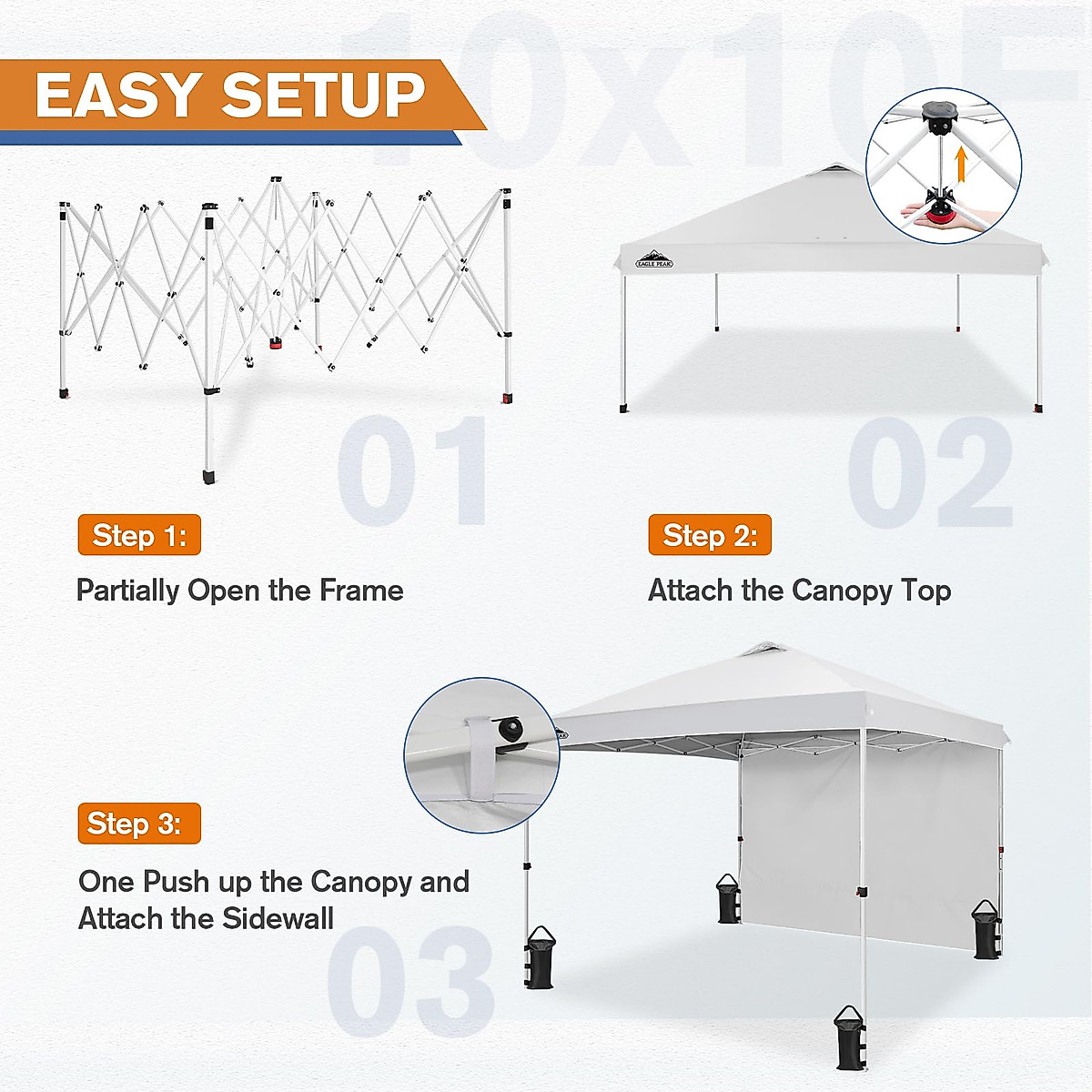 EAGLE PEAK Commercial Pop up Canopy with 1 Sidewall, Heavy Duty Canopy Tent 10x10, Roller Bag and 4 Weight Bags, White