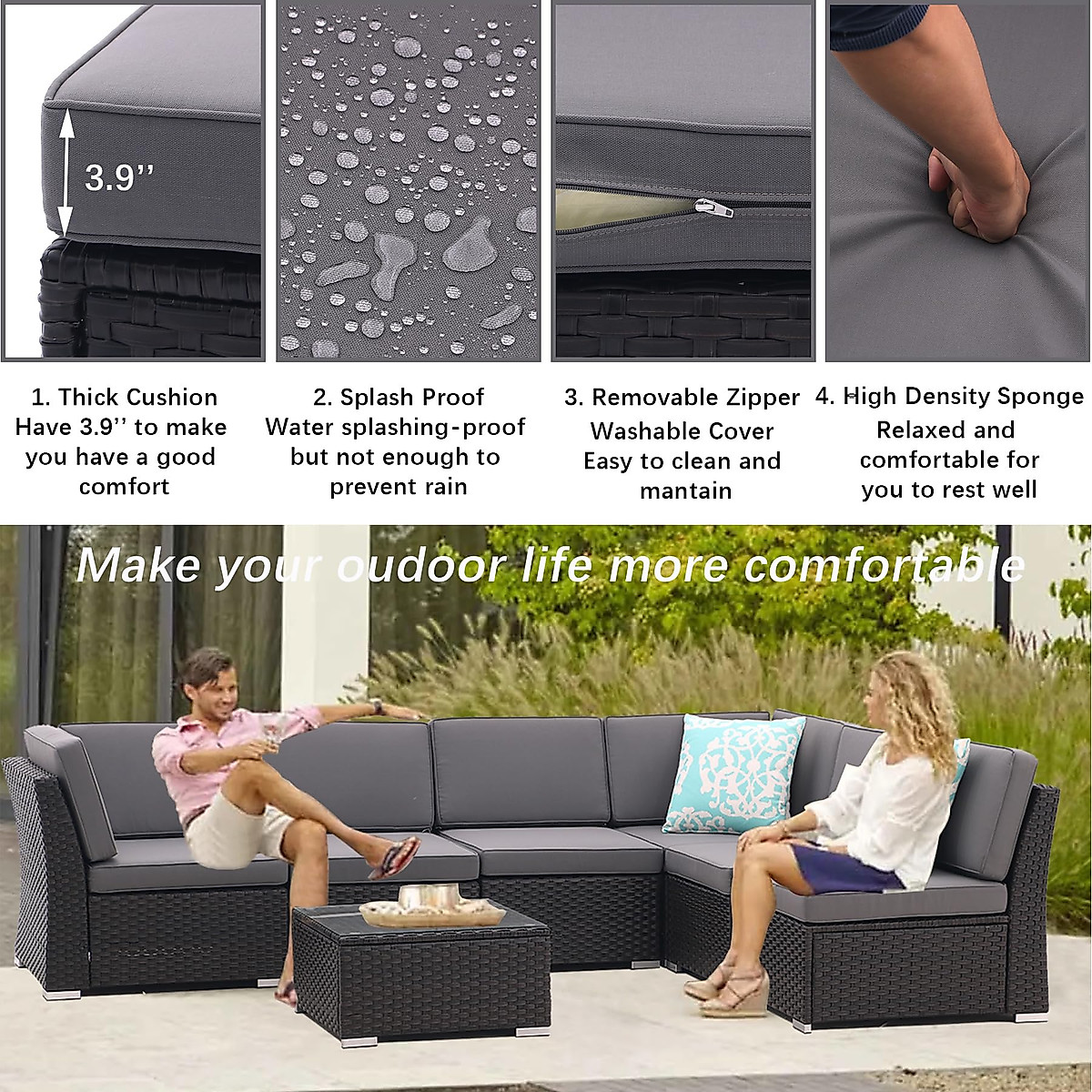 iArtHand Patio Sofa Set with Coffee Table Outdoor Sectional Set Patio Conversation Set Patio Furniture Sets All Weather PE Rattan with Thickened Cushion, Manual Weaving
