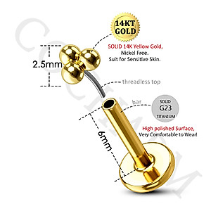 COCHARM 14K Gold Threadless 16g Push in Tragus Stud Flat Back Stud Piercing Jewelry Helix Earrings