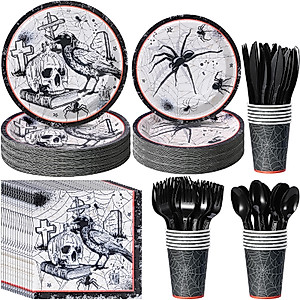 Halloween Party Plates Supplies,Disposable Vintage Skull,Spider Web Tableware Paper Plates and Napkins Cups Knives Spoons Forks for Halloween Birthday Baby Shower Party Decorations,Serve 50 Guests