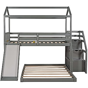 POCIYIHOME Twin Over Full House Bunk Bed with Convertible Slide & Storage Staircase, Wood Bed Frame with Slat Support & Full Length Guardrail for Kids,Teens Bedroom, No Box Spring Needed, Gray