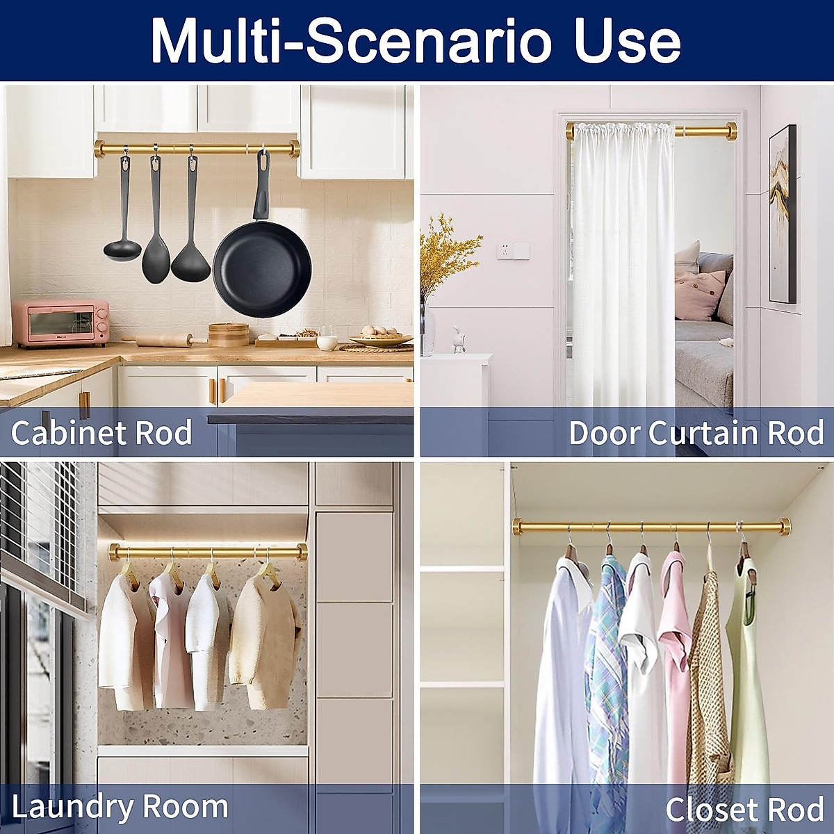 YNL Tension Shower Curtain Rod- No Drill, Never Rust, Non-Slip Spring Tension Rods for Bathroom, 45-80 inches, Stainless Steel, Brushed Gold