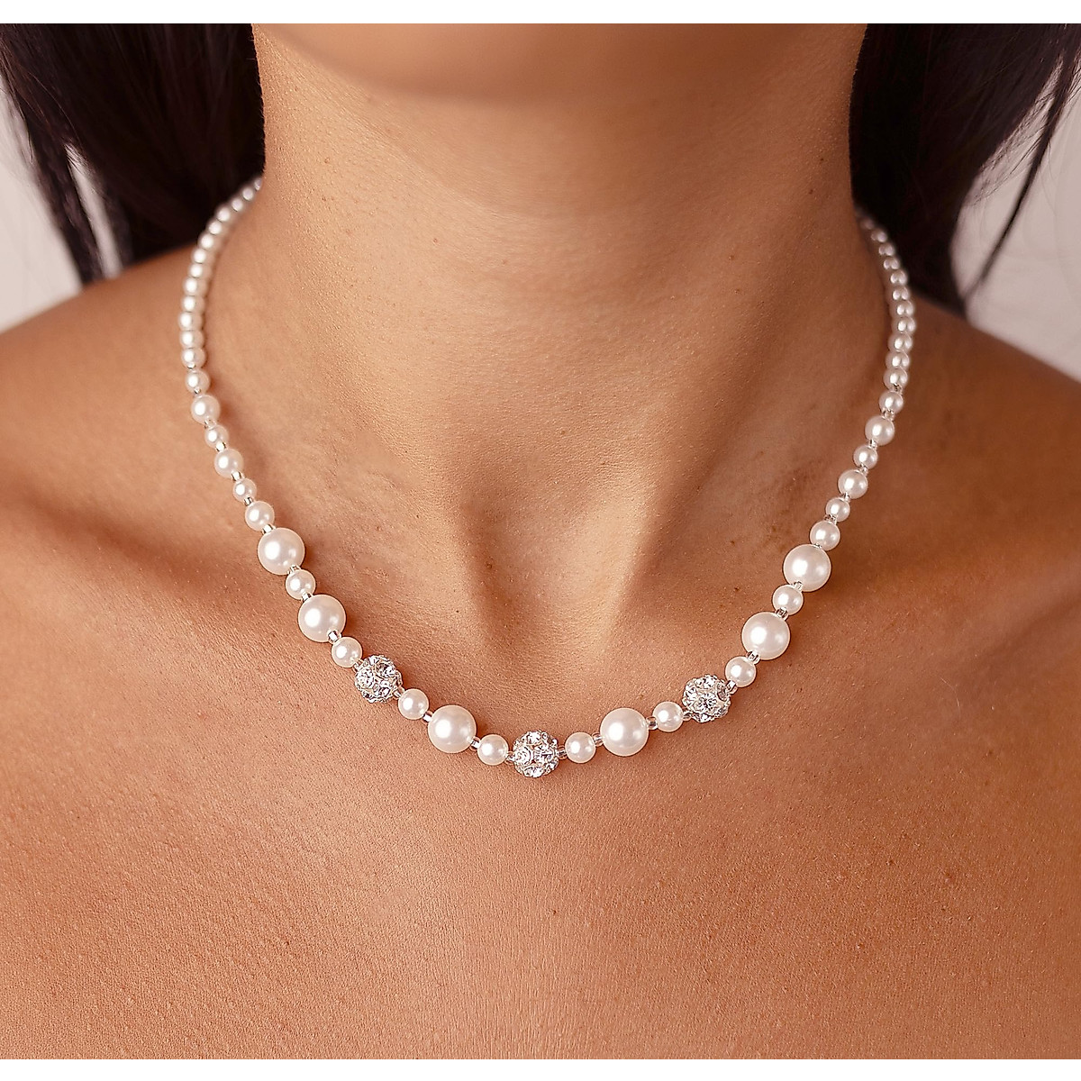 Mariell Pearl Necklace for Brides with Rhinestone Crystal Fireball Accents, 20", Bridal & Wedding Jewelry