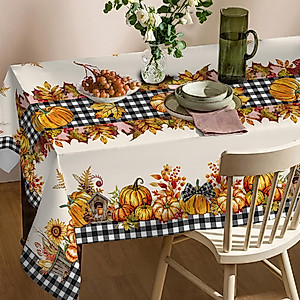 cusugbaso Fall Tablecloth 60x84 Inch Rectangle - Black Plaid Harvest Pumpkins Fall Decorations for Home - Water Resistant Thanksgiving Table Cloth Rectangle for Party, Dinning, Home
