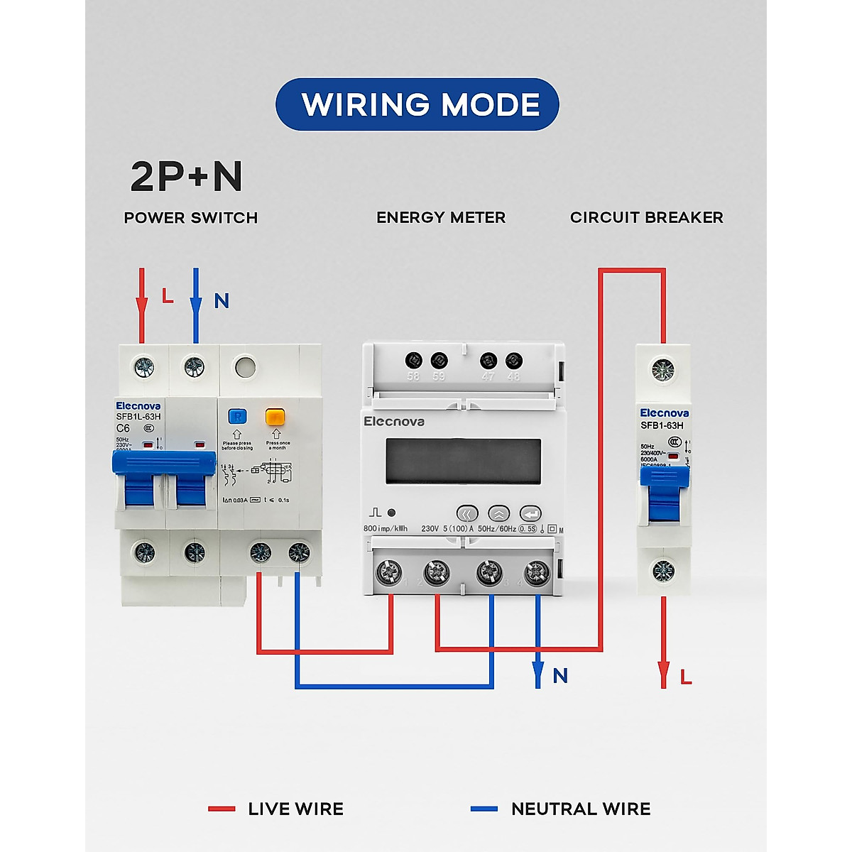 Elecnova 6-63A Miniature Circuit Breaker, 2Pole+N AC 20amp Breaker 230V, DIN-Rail Mounted MCB, Circuit Leakage, Overload, Short-Circuit Trip, 110V / 120V Available