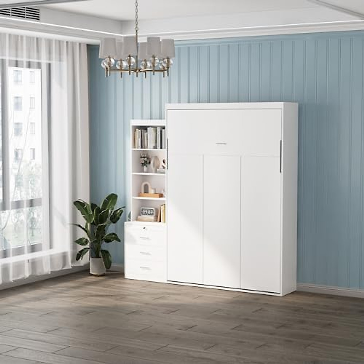WOXYX Full Size Murphy Bed with Shelf and Drawers, Mordern Design Multifunctional Foldable Platform Bedframe Gas Struts,White
