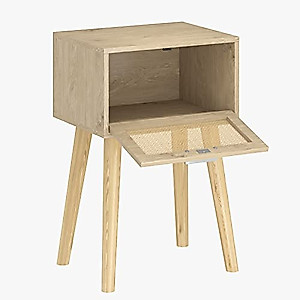 LAATOOREE Nightstand Set of 2, Boho Bedside Table with Rattan Door Solid Wood Feet for Bedroom Living Room Small Space