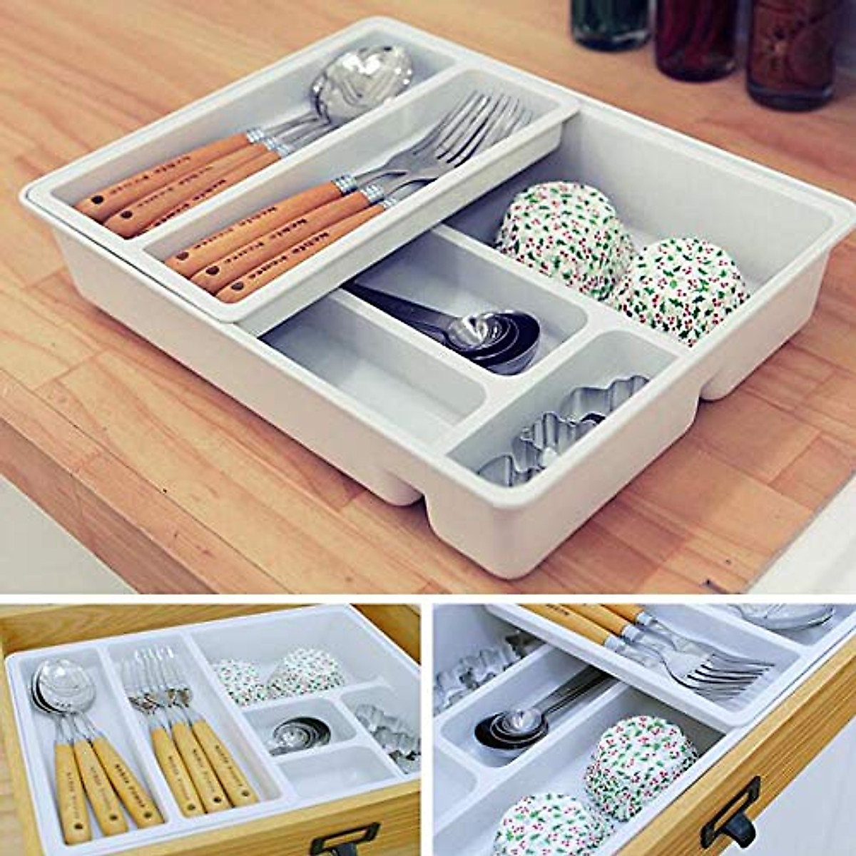 weemoment Adjustable, Expandable Compartment Kitchen Cabinet Drawer Organizer Tray - Divided Sections for Cutlery, Serving Spoons, Cooking Utensils, Gadgets - BPA Free, Food Safe