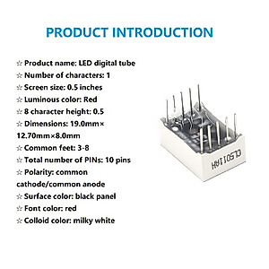 Bettomshin 10Pcs LED Digital Tube Common Cathode 10 Pin 1 Bit 0.75 x 0.5 x 0.31 inch (LxWxH) 0.5" Red Display Digital 5011AH