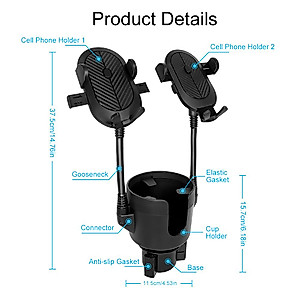 JINKEY Dual Cup Phone Holder for Car, 360°Rotatable Car Phone Mount Adjustable Gooseneck Cell Phone Cup Holder Universal Fits for Most 4"-6.7" i-Phone Cell Phone Automobile Cradles