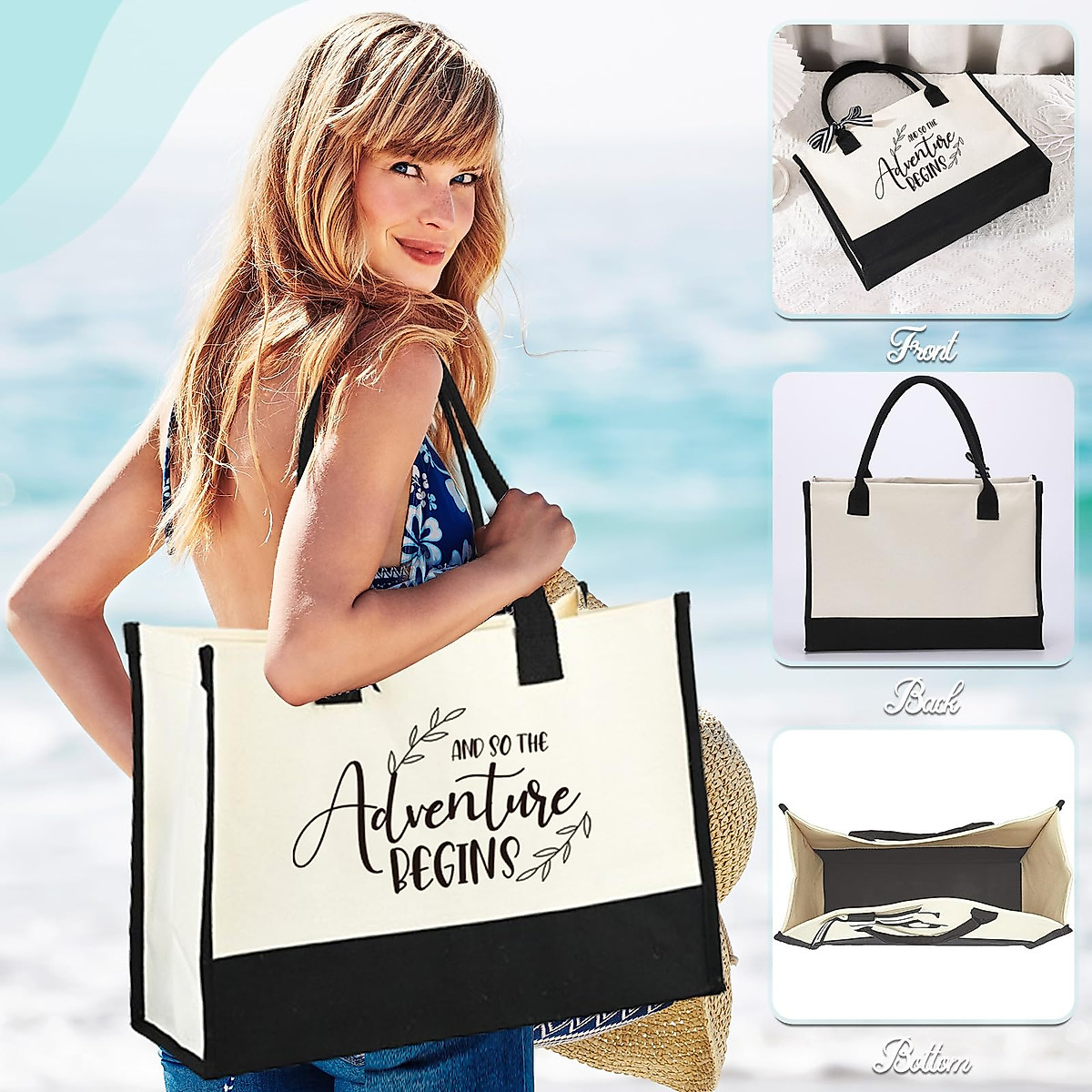 Dadoudou Engagement Gift Canvas Tote Bride Bag,Bridal Shower Gifts for Engagement Wedding Graduation Retirement Gift Beach Bag And So The Adventure Begins Large Tote Bag