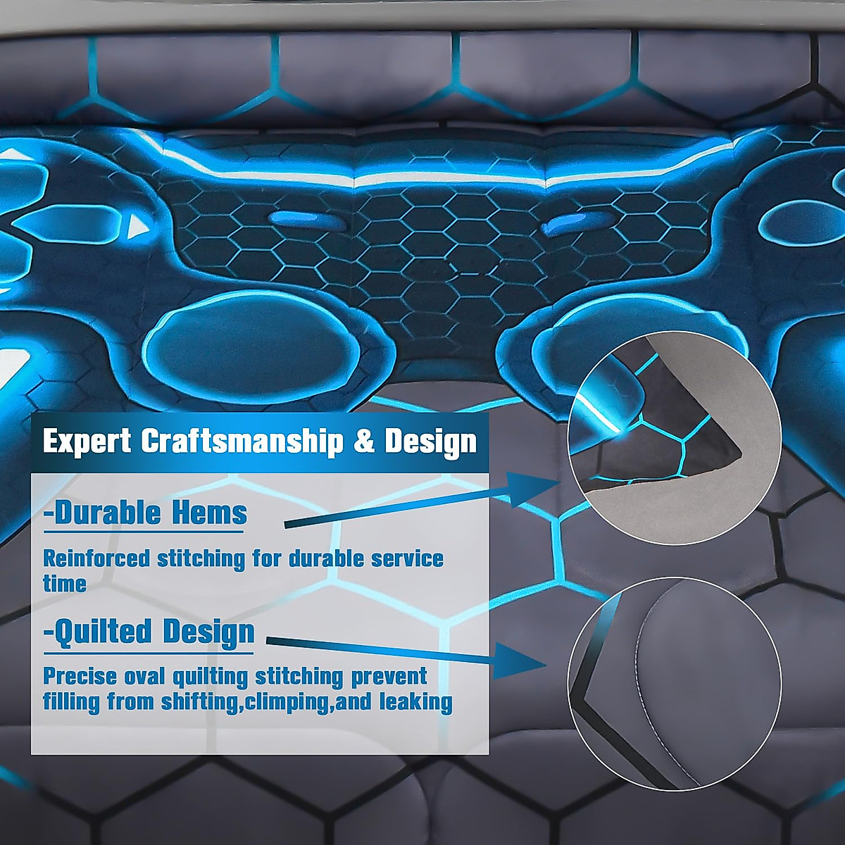 Keyroal 6Pcs Game Console Comforter Set with Sheets for Boys Girls Kids Teens, Geometric Gaming Themed Bed in A Bag Full Size, Blue 3D Video Gamer Controller Bedroom Decor Bedding Set