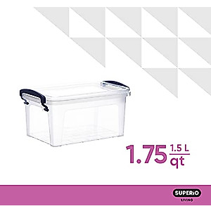 Superio Plastic Storage Box, Clear Container Bin with Lid, 1.75 Quart, Small Stackable Tote with Snap Lock Handles