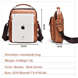 Henmifyer Small Leather Messenger Shoulder Crossbody Bag for Mens Travel Office Business Adjustable Strap (Brown)