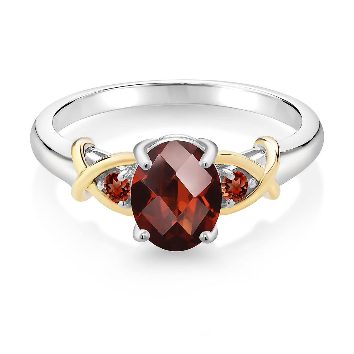Gem Stone King 925 Silver and 10K Yellow Gold Oval Checkerboard Red Garnet Ring For Women (1.63 Cttw, Gemstone Birthstone, Available In Size 5, 6, 7, 8, 9)