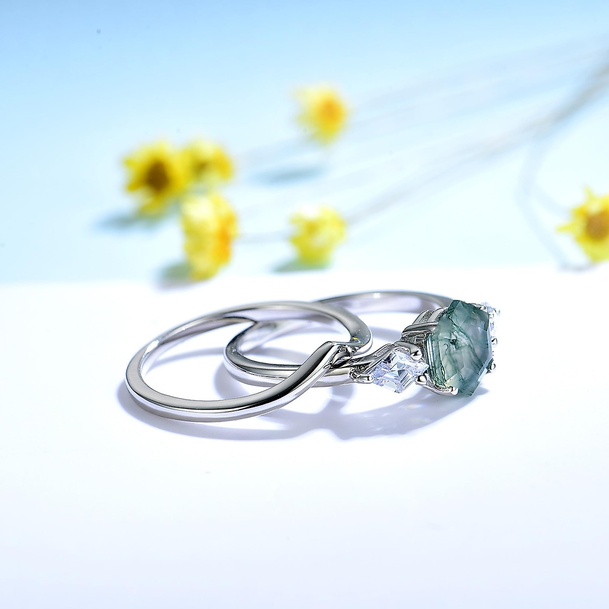 ITI KUOLOLIT Natural Moss Agate Gemstone Genuine 925 Sterling Silver Ring for Women Hexagon Cut Women's Ring Set for Engagement Wedding Jewelry (Moss Agate White, 5)