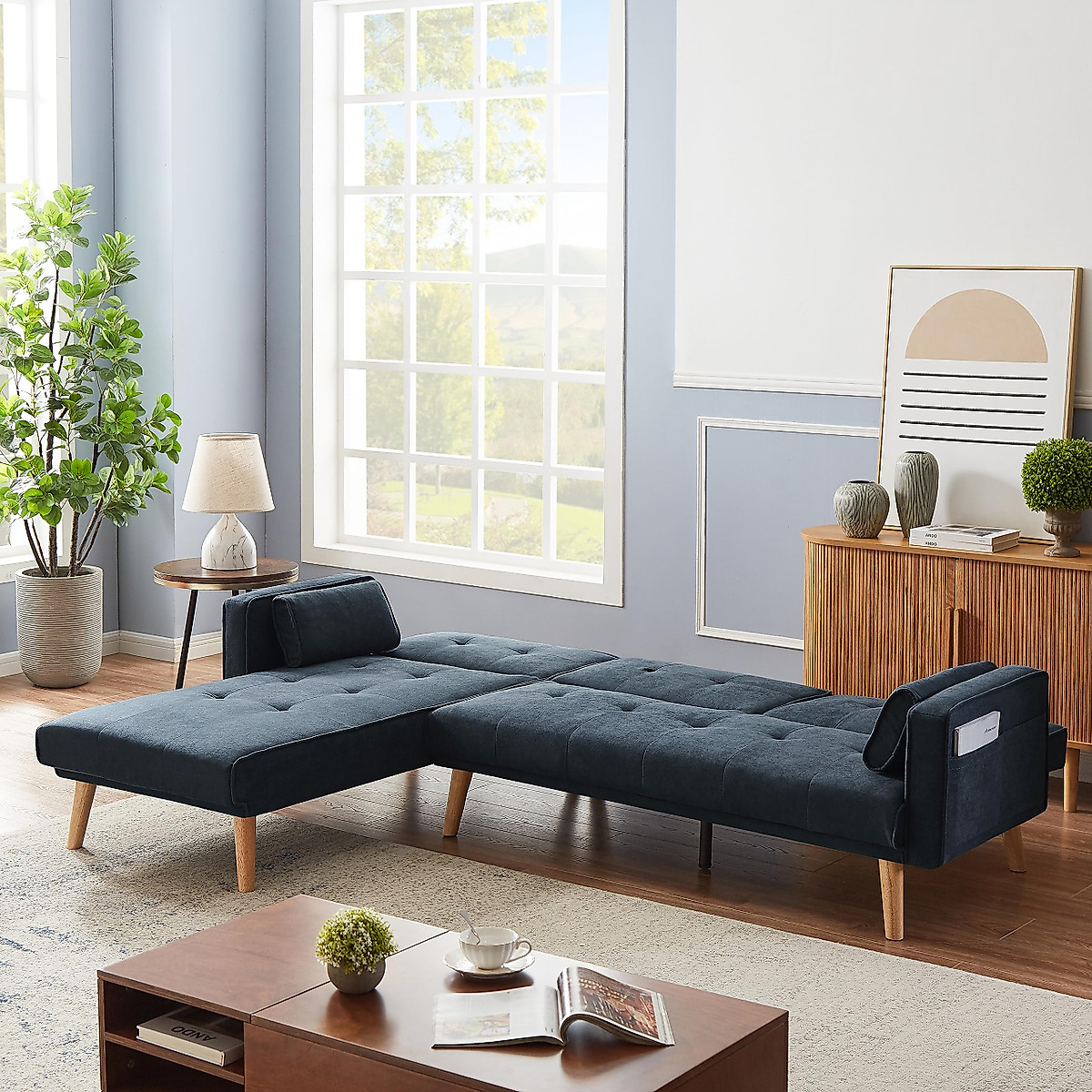 Eafurn L-Shaped Convertible Sectional Sofa with Chaise Lounge and Adjustable Spilt Backrest,3 Seater Soft Velvet Sleeper Couch Bed with Wooden Legs,Tufted Corner Sofa & Couch with Throw Pillows