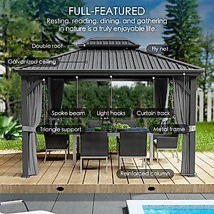 Kozyard Caesar 10'x12' Hardtop Gazebo - Permanent Metal Pavilion with Netting and Shaded Curtains for Patio, Backyard, and Deck - Galvanized Steel Outdoor Aluminum Canopy, Double Roof Gazebo (Grey)