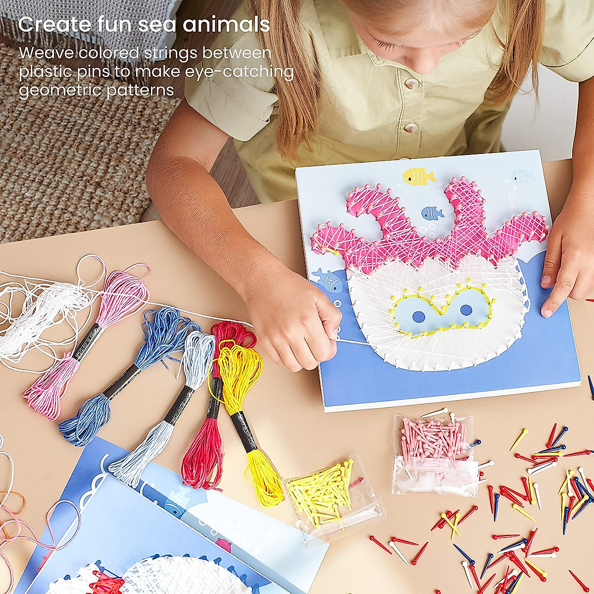 Arteza Kids String Art Kit, Set of 5 Sea Animal Designs and Decorative Scissors, Set of 12 Different Patterns, 5.5 Inches, Art Supplies for Kids Craft Projects and Free Time Activities
