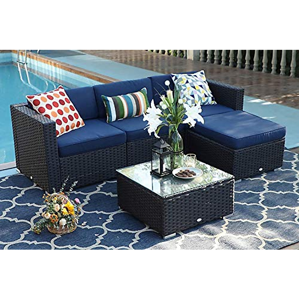 PHI VILLA 5 Piece Patio Furniture Sets,Outdoor Sectional Sofa All Weather Upgrade Wicker Conversation Set with Tea Table&Cushion(Navy Blue)