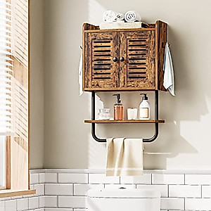 HOOBRO Medicine Cabinet, Double Doors Bathroom Wall Cabinet with Towel Bar, Adjustable Shelf, 2 Hooks, Over The Toilet Storage Cabinet, for Bedroom, Kitchen, Rustic Brown BF46CW01