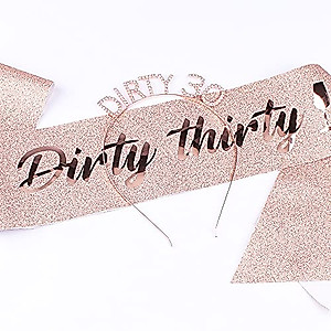 AOPRIE Dirty 30 Birthday Headband & Sash for Women Rose Gold Birthday Tiara Crown Rhinestone Happy Birthday Hair Accessories Gift Sets