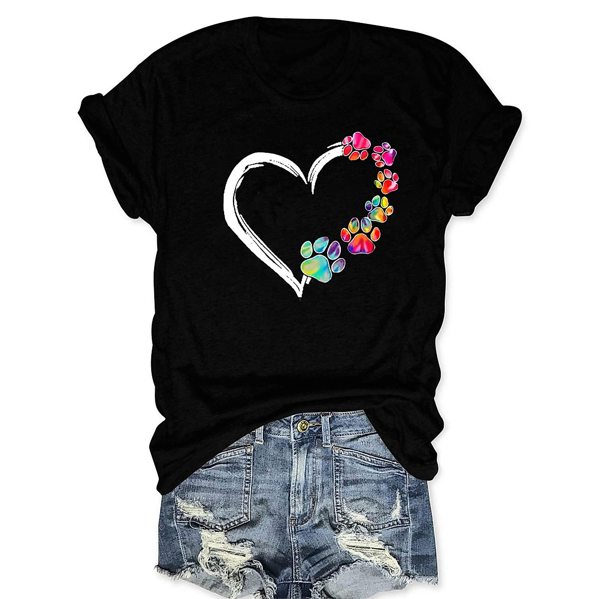 Sunidol Womens Dog Mom Shirts Cute Dog Paw Print Mother's Day Multicolor Heart Graphic Short Sleeve Crewneck Casual Pullover Tops Black XXL