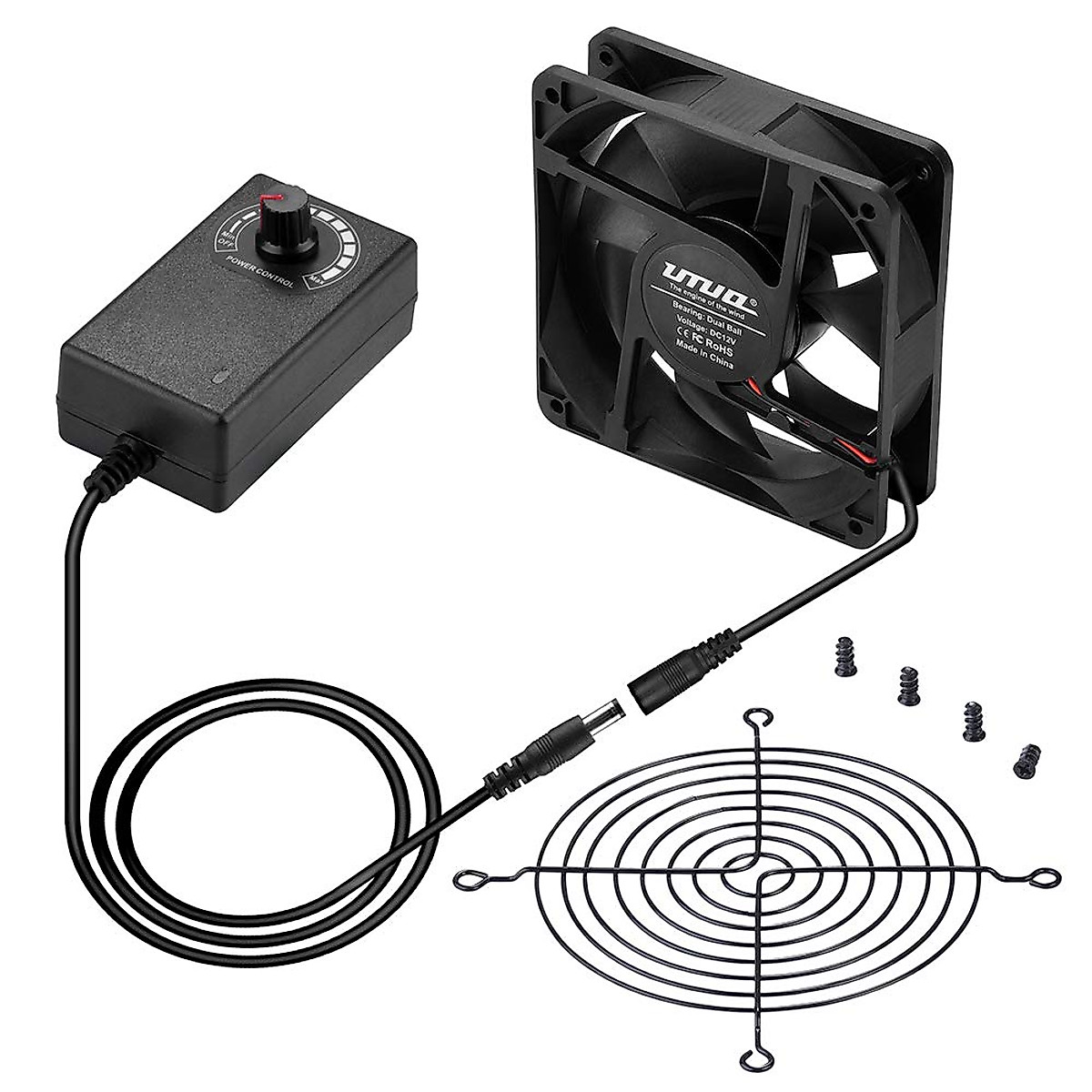 UTUO Variable Speed Fan, 110V 120V 220V AC Powered 120mm Dual Ball Bearings Air Exhaust Vent Cooling Axial Flow Muffin Fan with 3 to 12v DC Adjustable Speed Control Dimmer Switch