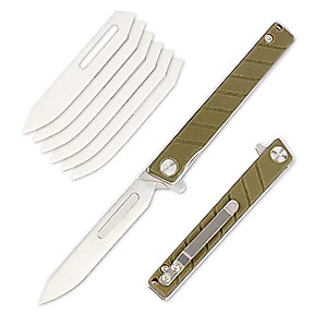 TENCHILON T35 Small Slim Folding Pocket Scalpel Knife, 6pcs #60 Replaceable Blades, Gentleman's Flipper Scalpel EDC Utility Knives with Pocket Clip (Army Green G10 Handle)