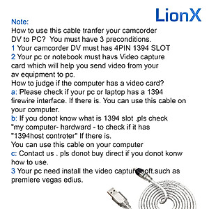 LIONX New Data DV Cable USB to IEEE 1394 4 Pin Firewire Adapter High PC