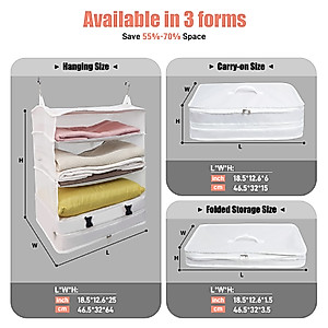 Twira Portable Hanging Travel Shelves, Suitcase Organizer, Packing Cubes for Travel, Carry-On Closet Insert, X-Large Capacity Travel Bags Collapsible 4-Shelf Travel Closet with 2 Hooks (White)