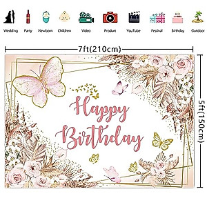 Wollmix Butterfly Happy Birthday Banner Backdrop Decorations 7x5ft Party Sweet 16 Girls Women Pink Florals Flowers Gold Dots Photography Background Supplies Photo Booth Studio Cake Table