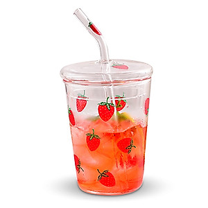 Agatige 300ml Glass Water Cup with Straw and Lid, Cute Strawberry Mug Glass Milk Bottle Water Juice Smoothie Drinking Cup for Home Office School